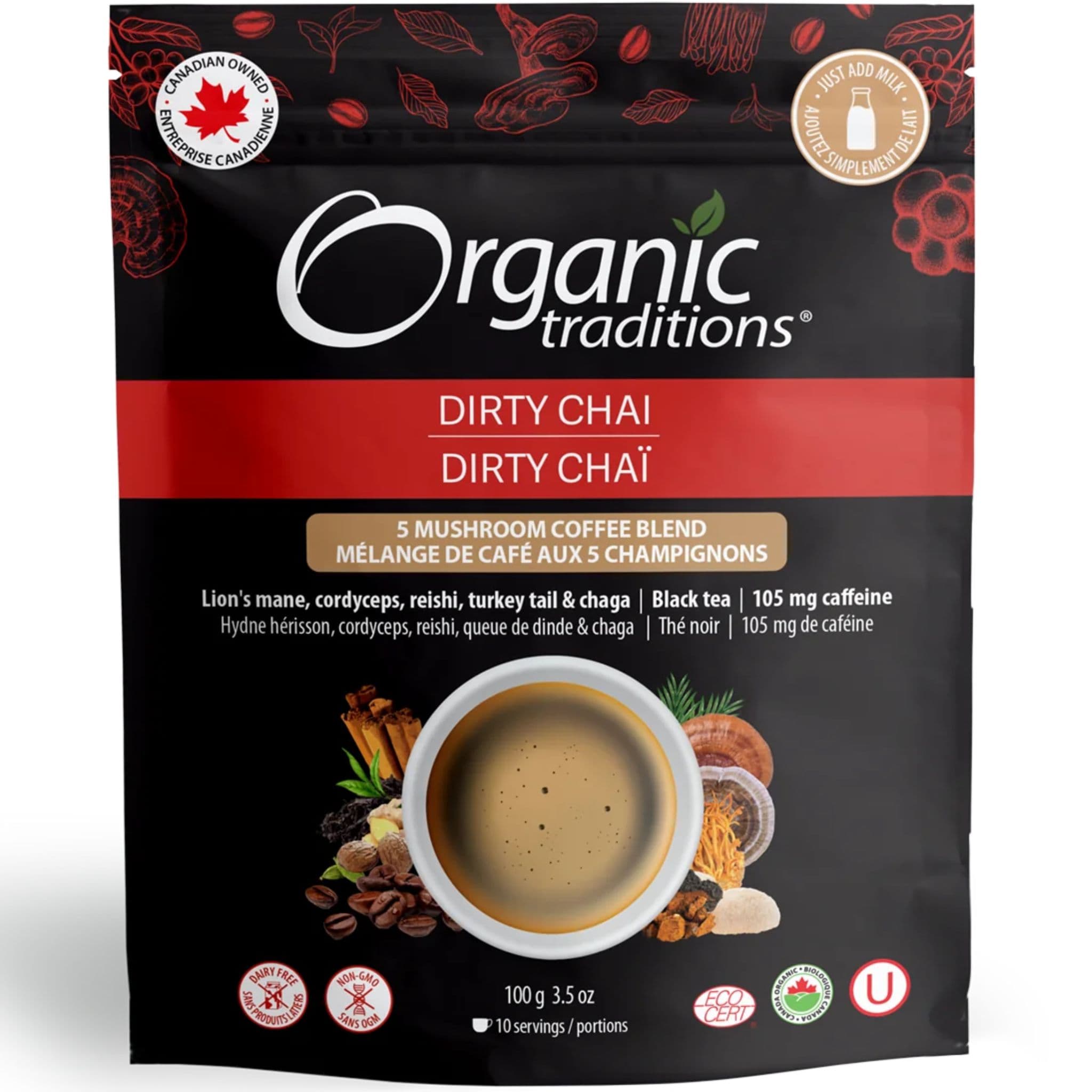 Organic Traditions Dirty Chai, 5 Mushroom Coffee Blend, 100g