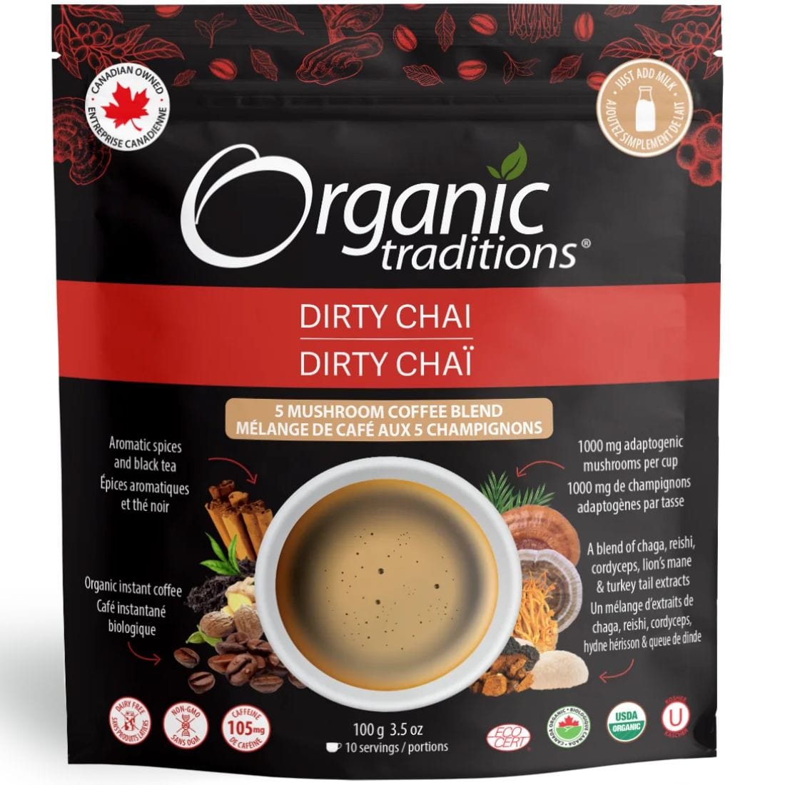 Organic Traditions Dirty Chai, 5 Mushroom Coffee Blend, 100g – Vitamart.ca