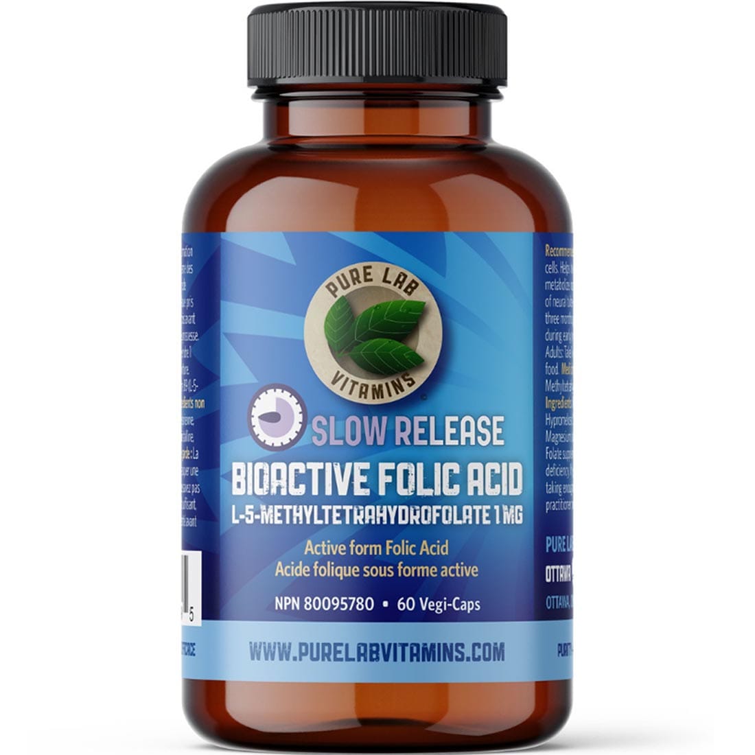 Pure Lab Vitamins Bioactive Folic Acid 1mg Slow Release, 60 Capsules – Vitamart.ca
