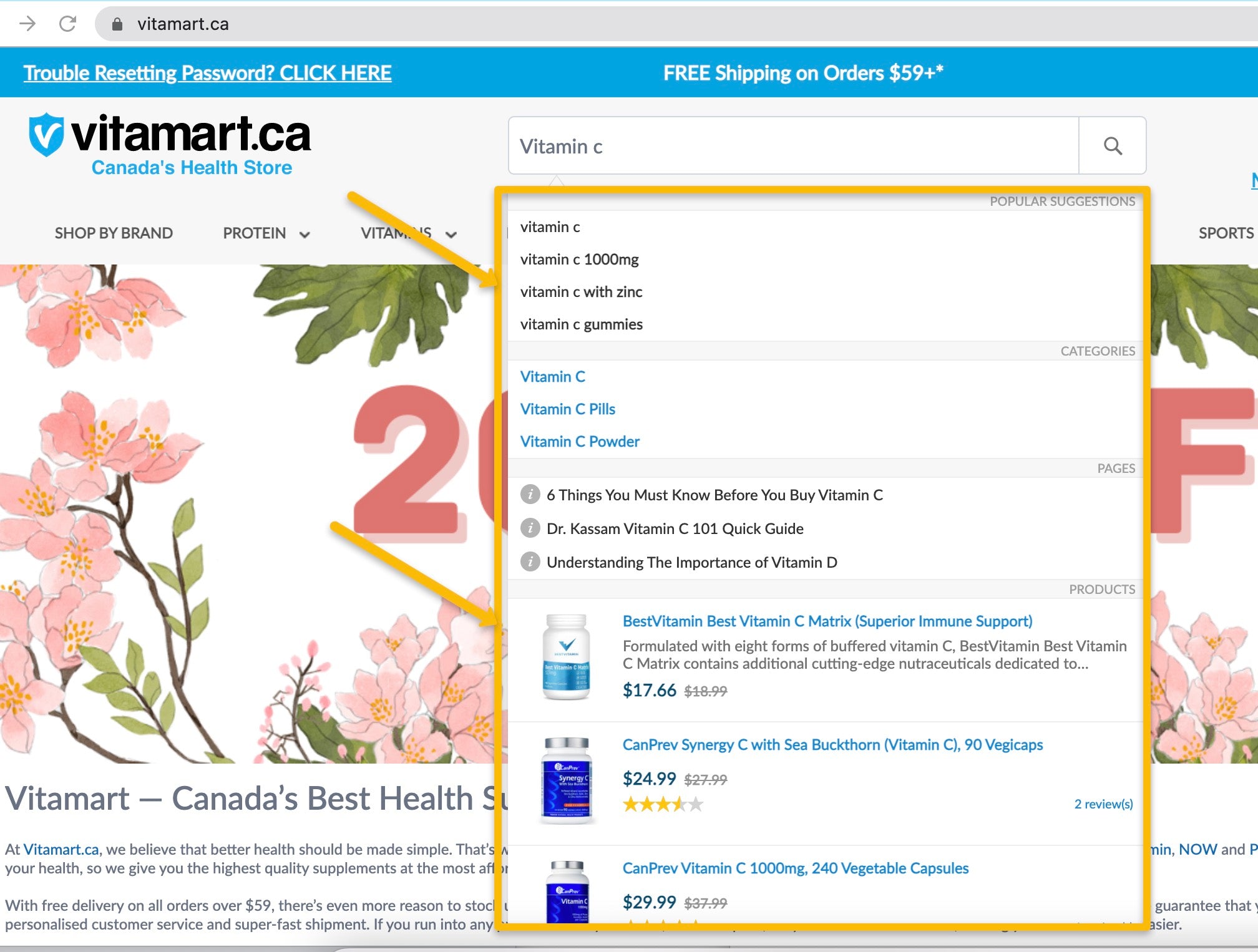 Vitamart.ca Upgraded On-Site Search