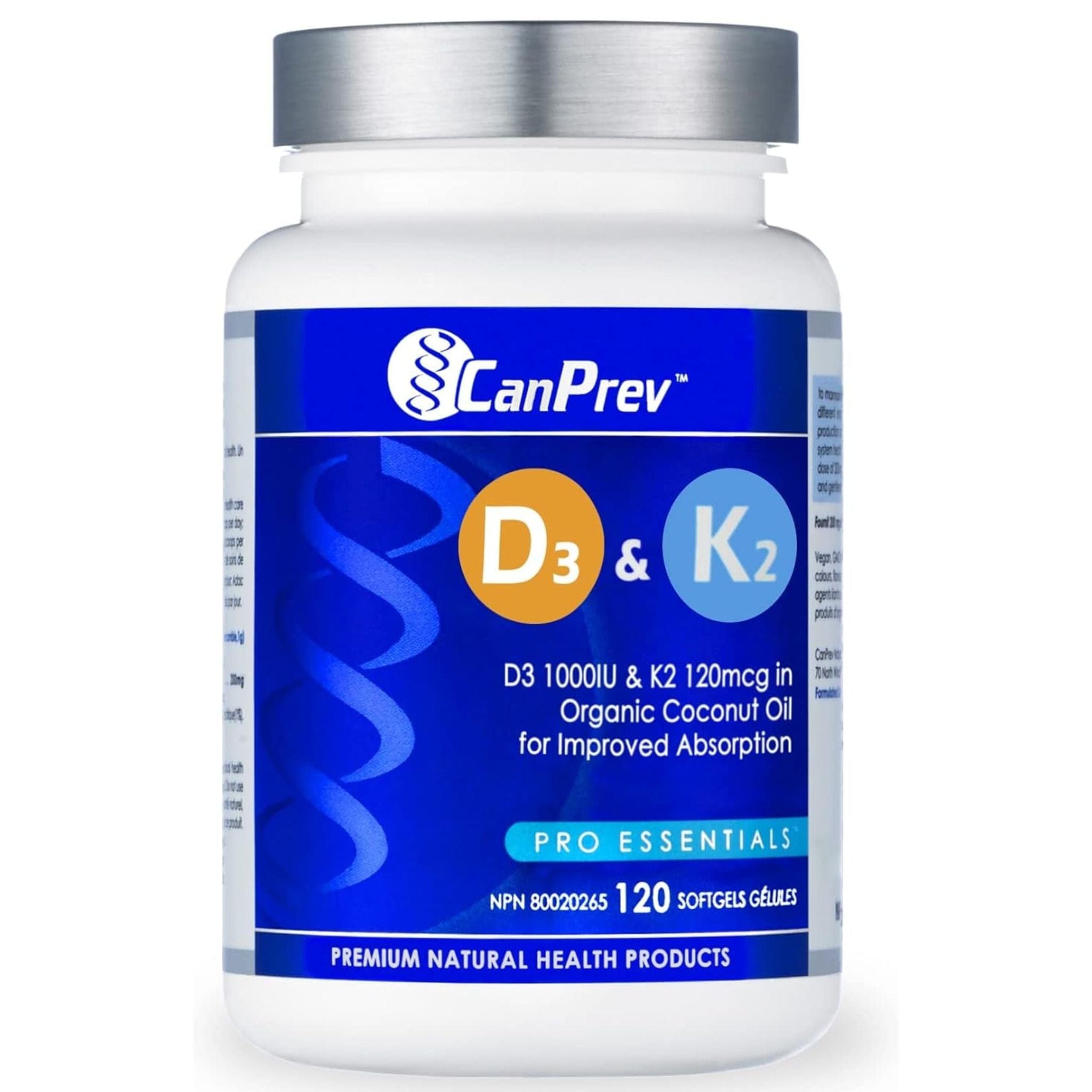 CanPrev D3 + K2 Softgels in Organic Coconut Oil