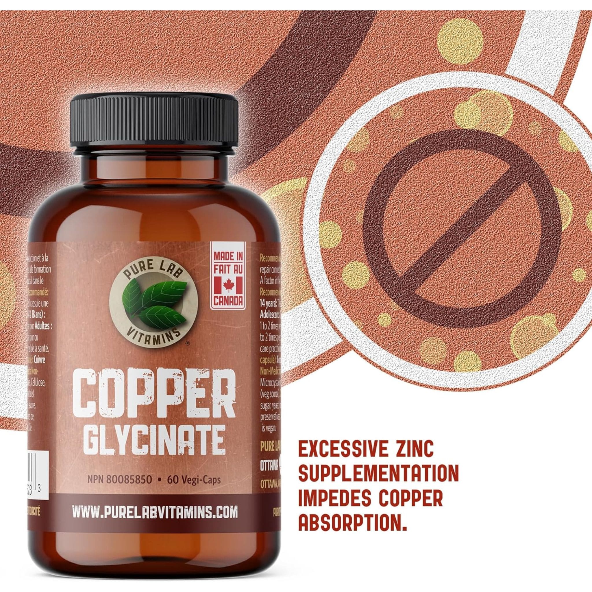 Pure Lab Vitamins Copper Glycinate 1mg, 60-150 Capsules