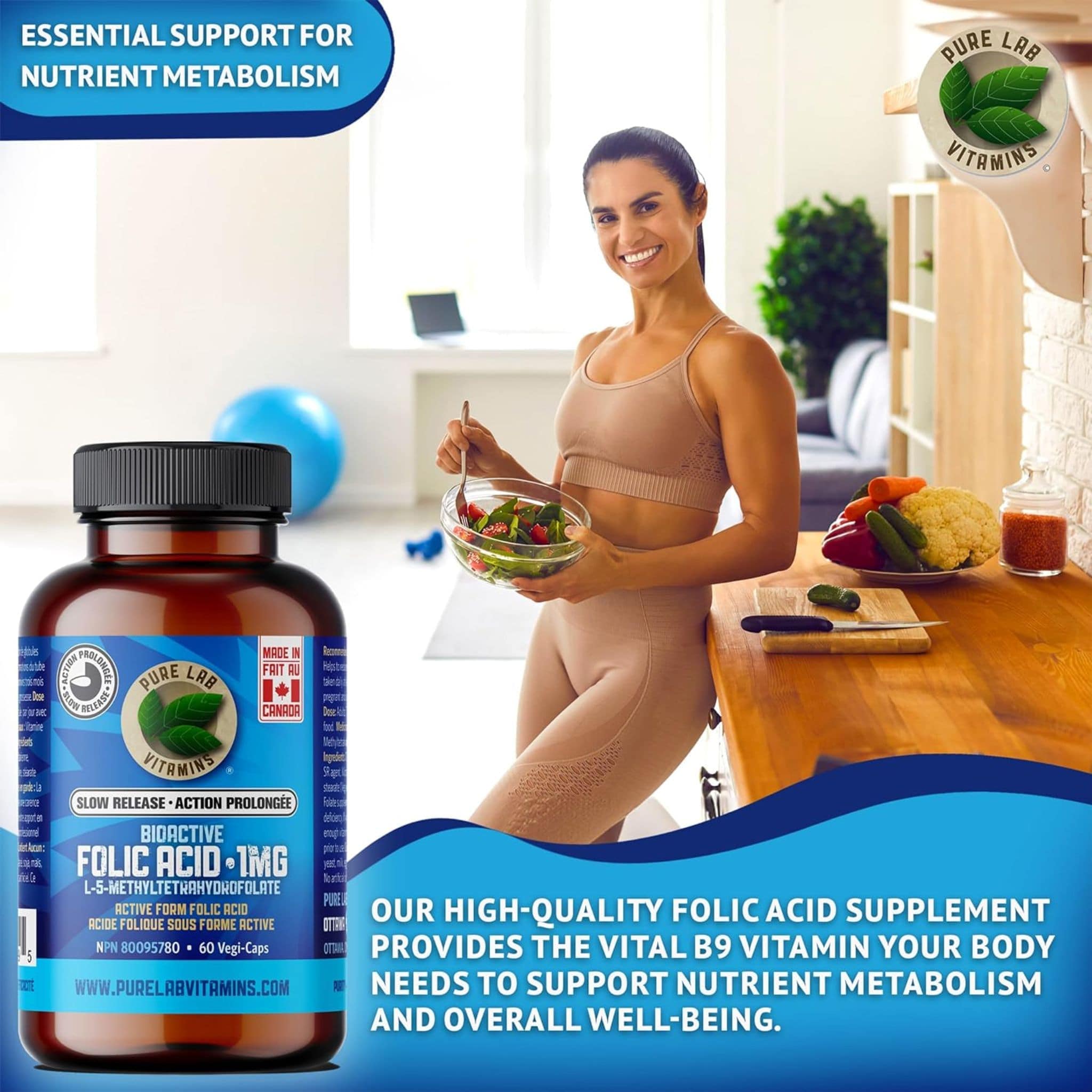 Pure Lab Vitamins Bioactive Folic Acid 1mg Slow Release, 60 Capsules