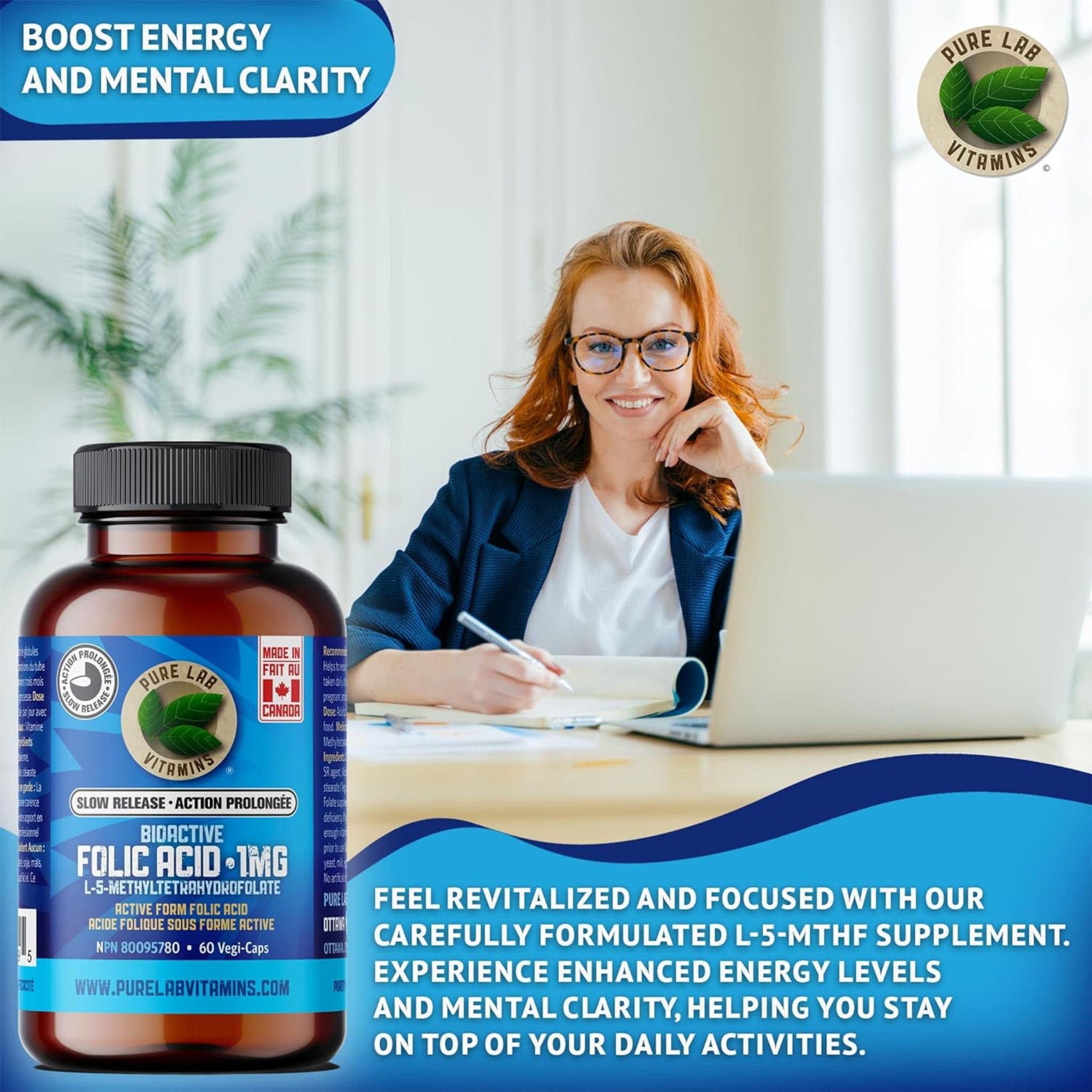Pure Lab Vitamins Bioactive Folic Acid 1mg Slow Release, 60 Capsules