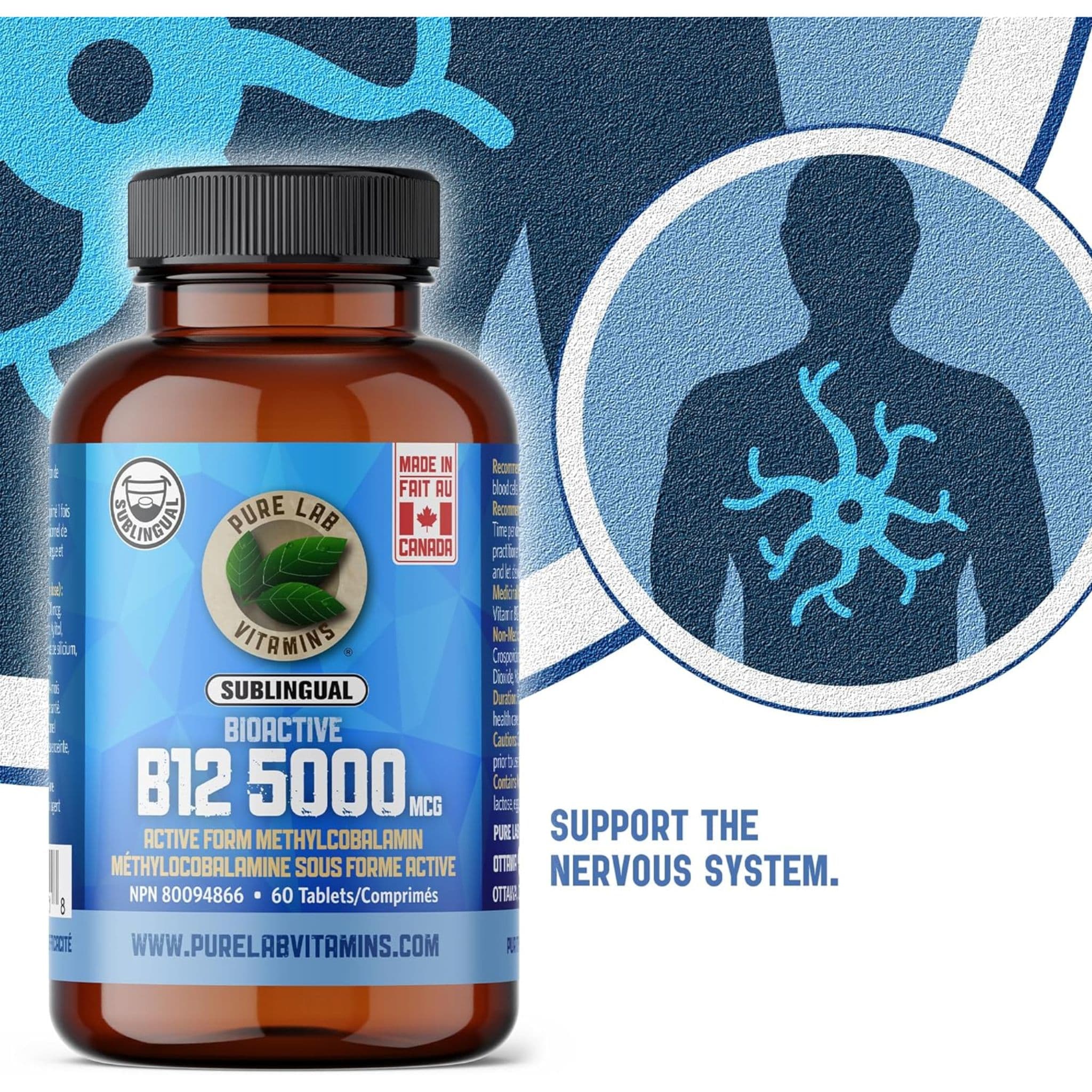 Pure Lab Vitamins Bioactive B12 5000mcg Sublingual, 60 Tablets