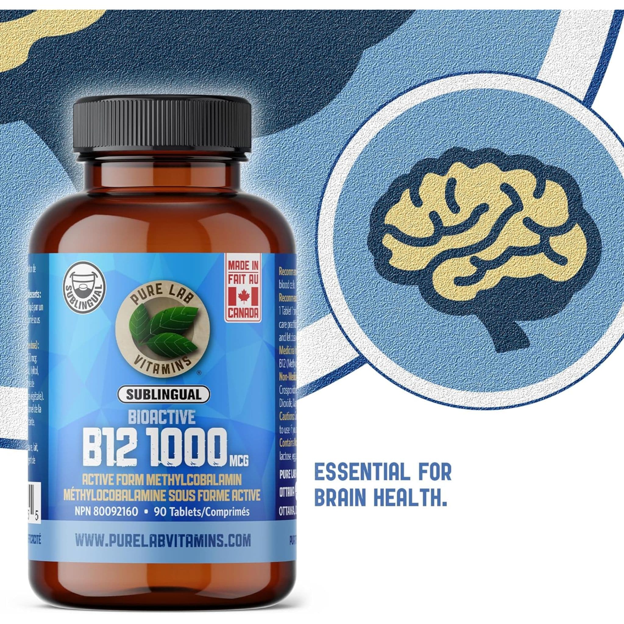 Pure Lab Vitamins Bioactive B12 1000mcg Sublingual, 90 Tablets