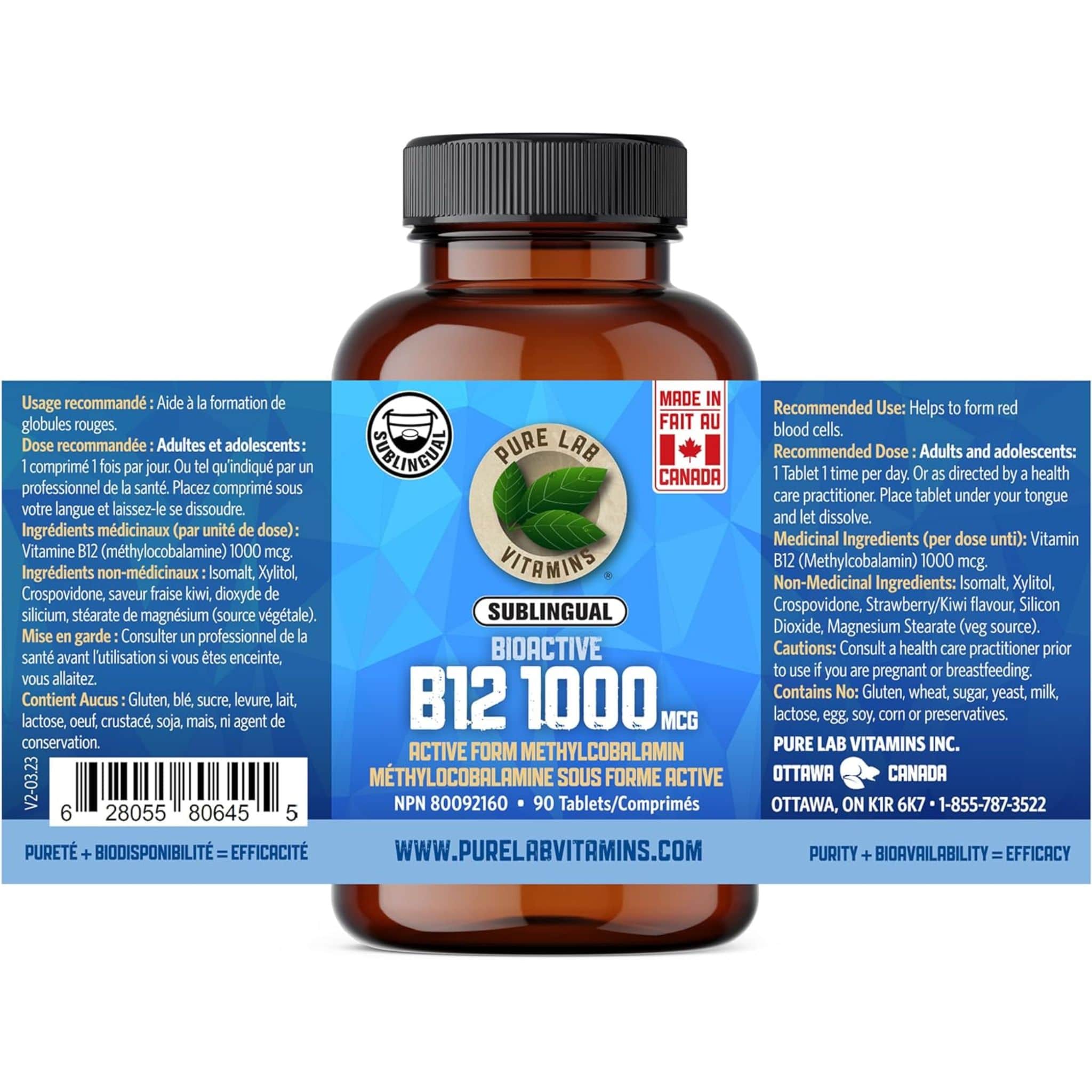 Pure Lab Vitamins Bioactive B12 1000mcg Sublingual, 90 Tablets
