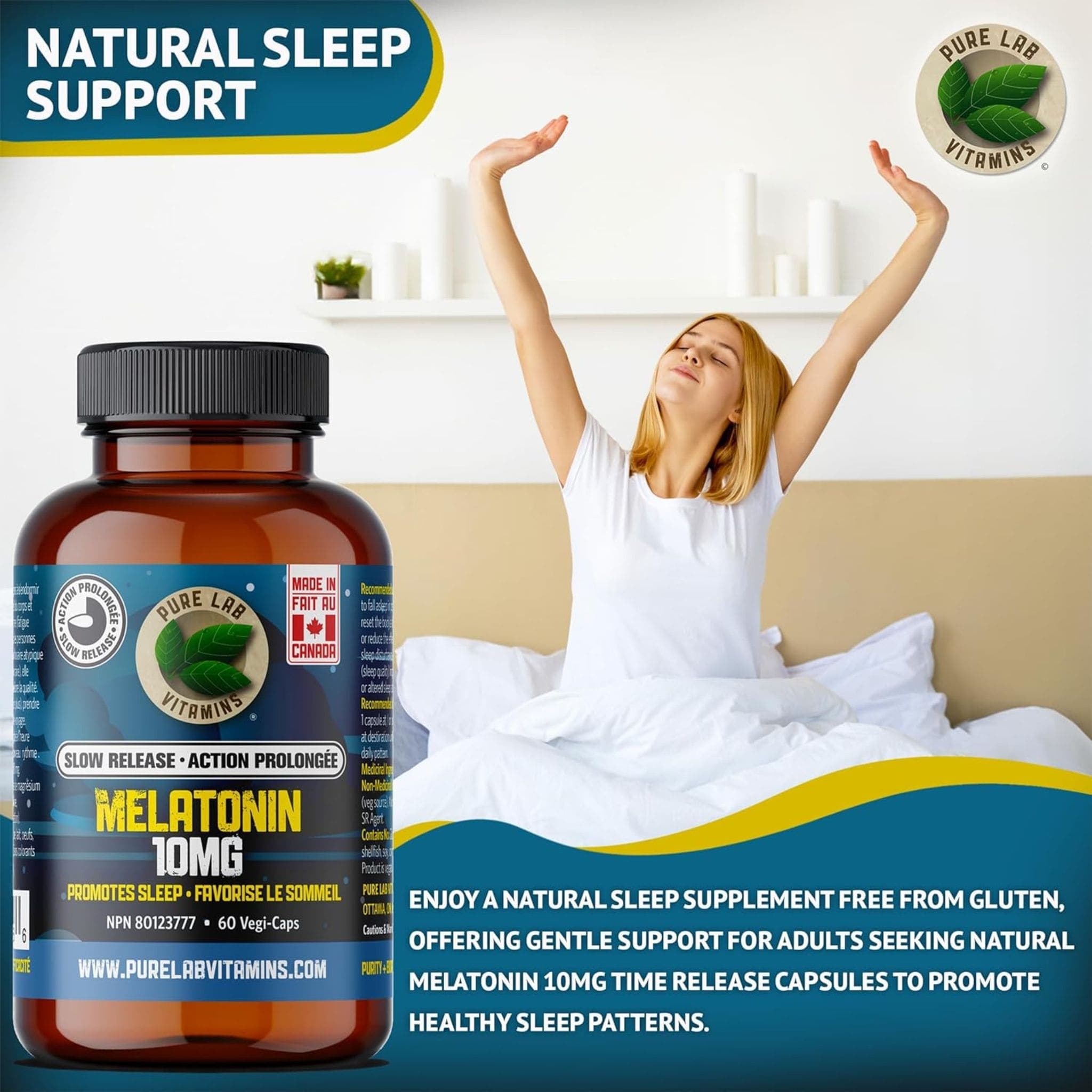 Pure Lab Vitamins Melatonin 10mg Slow Release, 60 Capsules