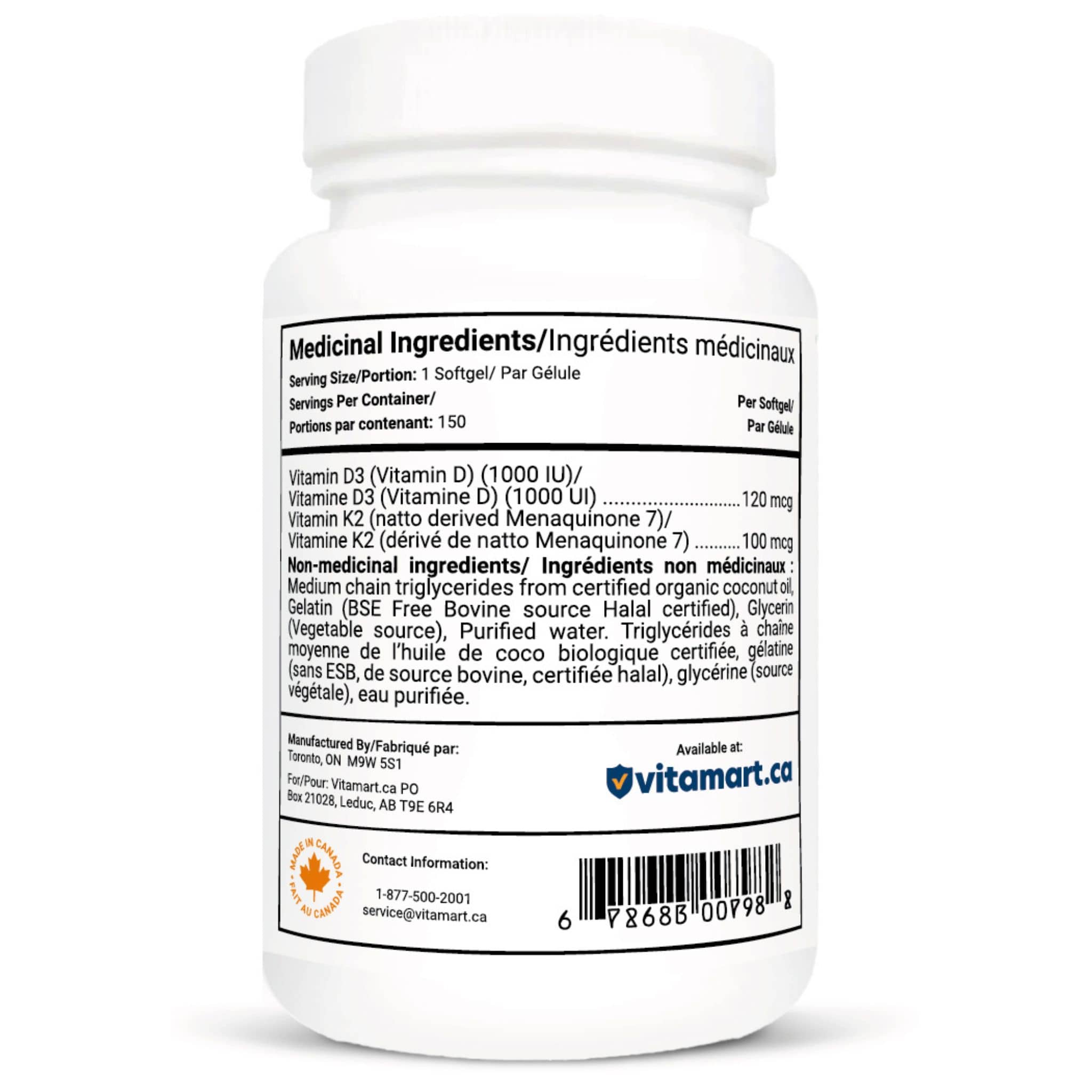 Vitacheck Vitamin D3 1000IU + K2 100 mcg, 150 Softgels