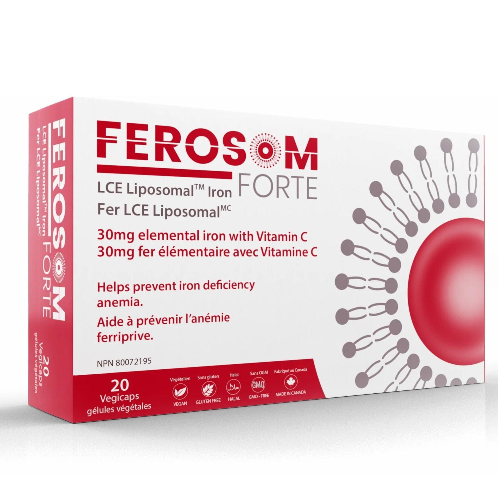 Ferosom Forte 30mg LCE Liposomal Iron Supplement, Plus Vitamin C, 20 C ...