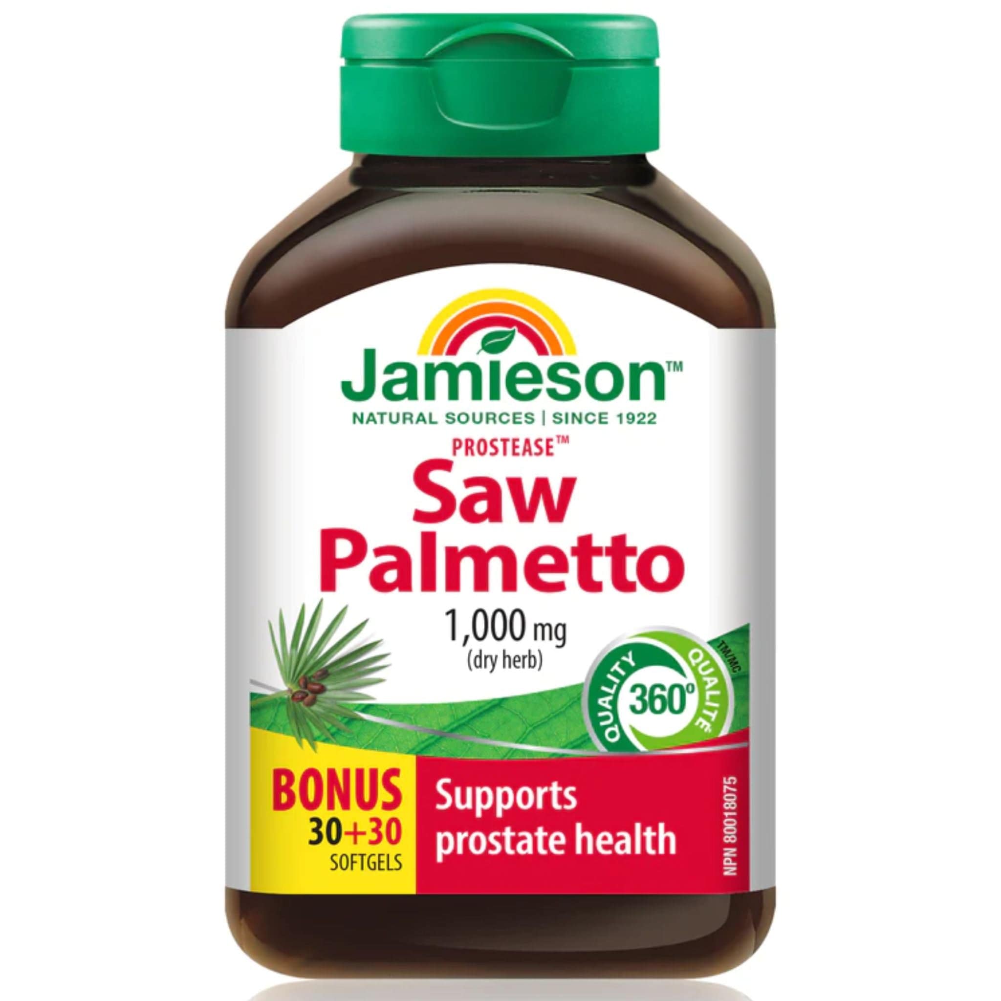 Jamieson Prostease Saw Palmetto 1,000mg, Raw herb, 60 Softgels ...
