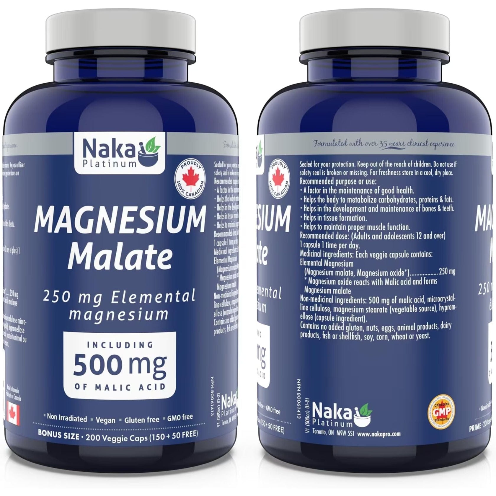 Naka Platinum Magnesium Malate 250mg, 200 Vegetable Capsules
